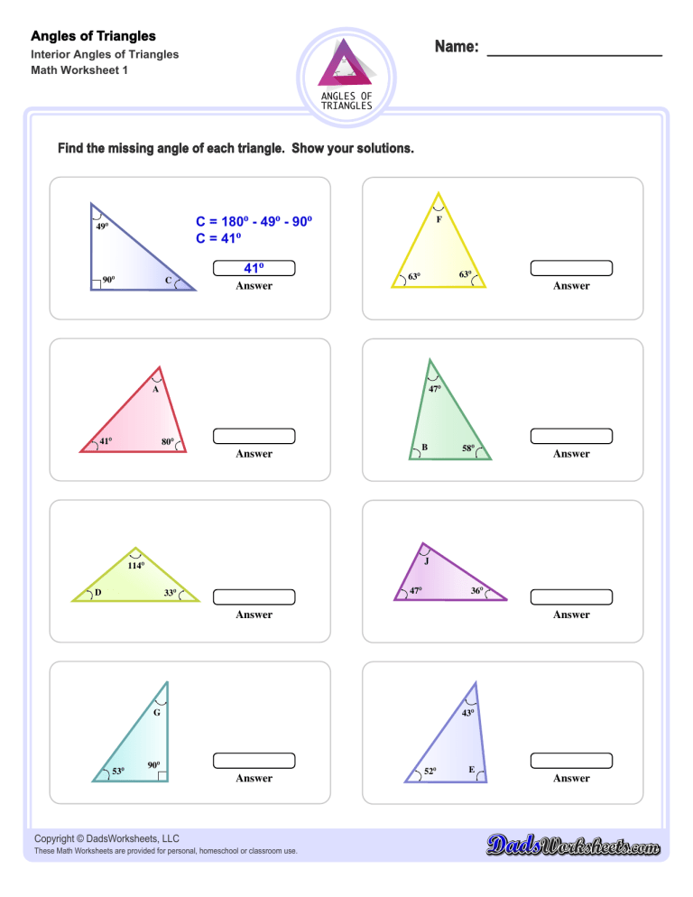 Triangle Angles Worksheet: Find Missing Angles