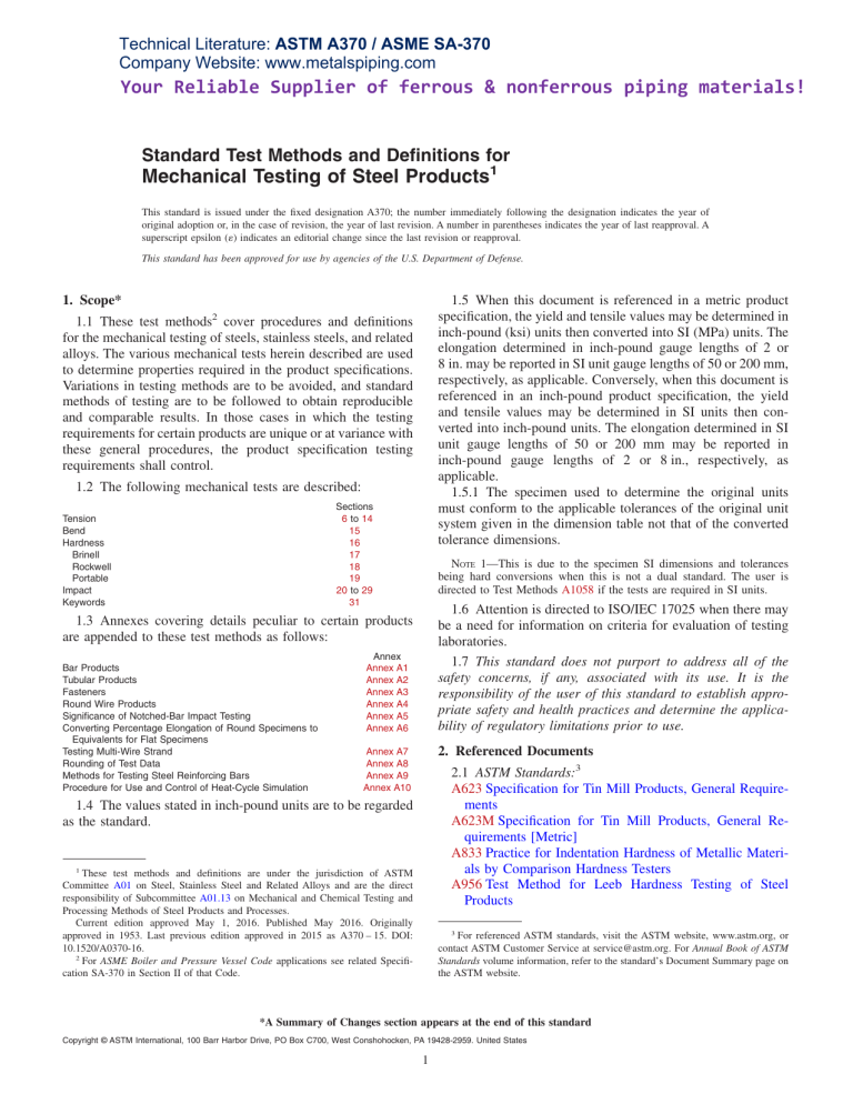 ASTM A370: Steel Product Mechanical Testing Standard