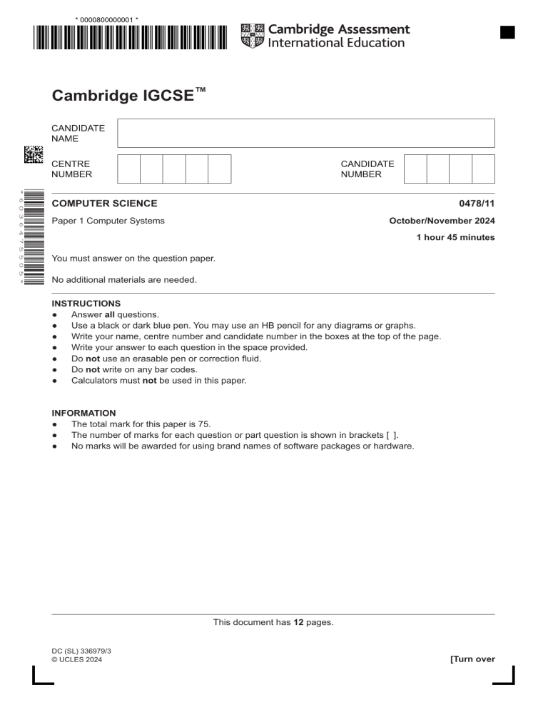 IGCSE Computer Science Paper 1: Computer Systems (2024)