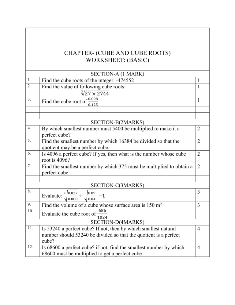 Cube and Cube Roots Worksheet: Math Practice Problems