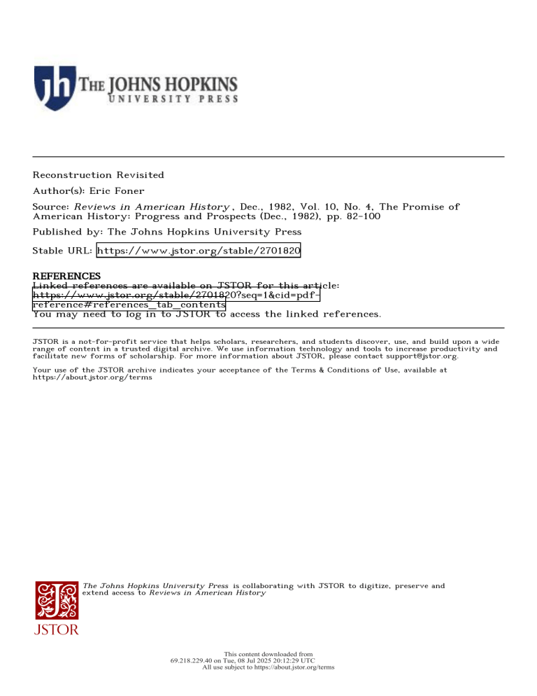 Reconstruction Historiography: Foner's Revisited Analysis