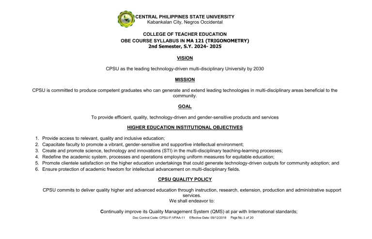 Trigonometry Course Syllabus - CPSU