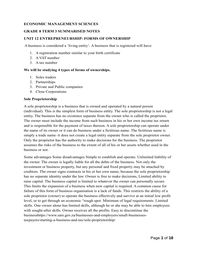 Entrepreneurship & Ownership: Grade 8 EMS Notes