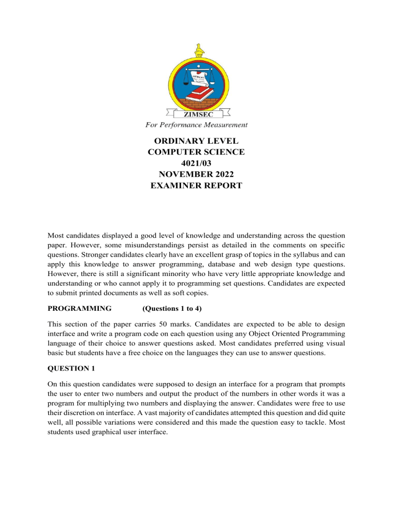 Computer Science Exam Report: Nov 2022, Ordinary Level