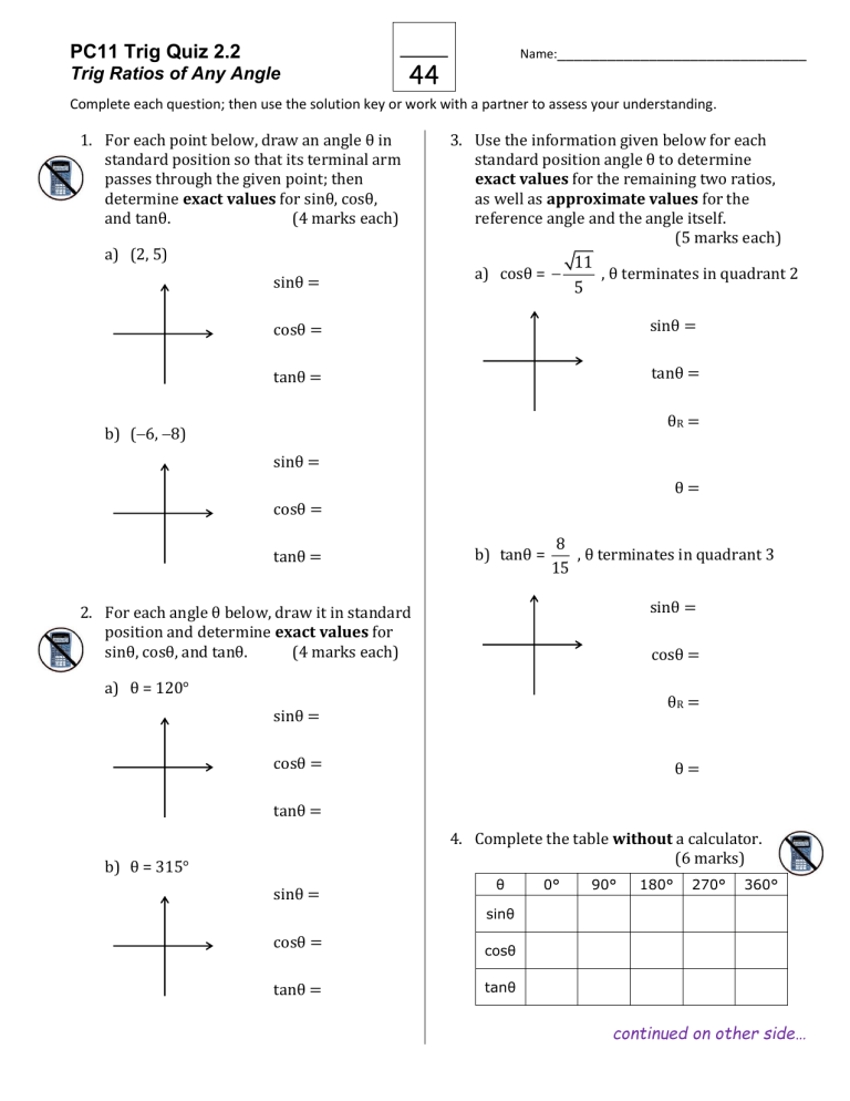 Trig Quiz: Ratios, Angles, Equations