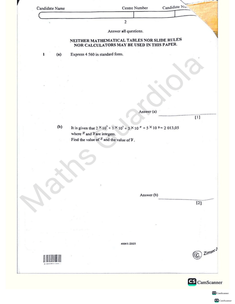 Math Exam Paper: Standard Form & Algebra