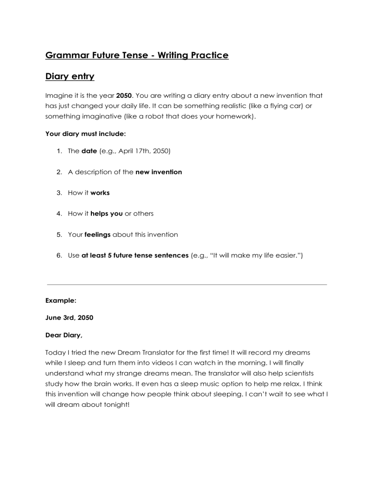 Future Tense Writing Practice: Diary Entry 2050