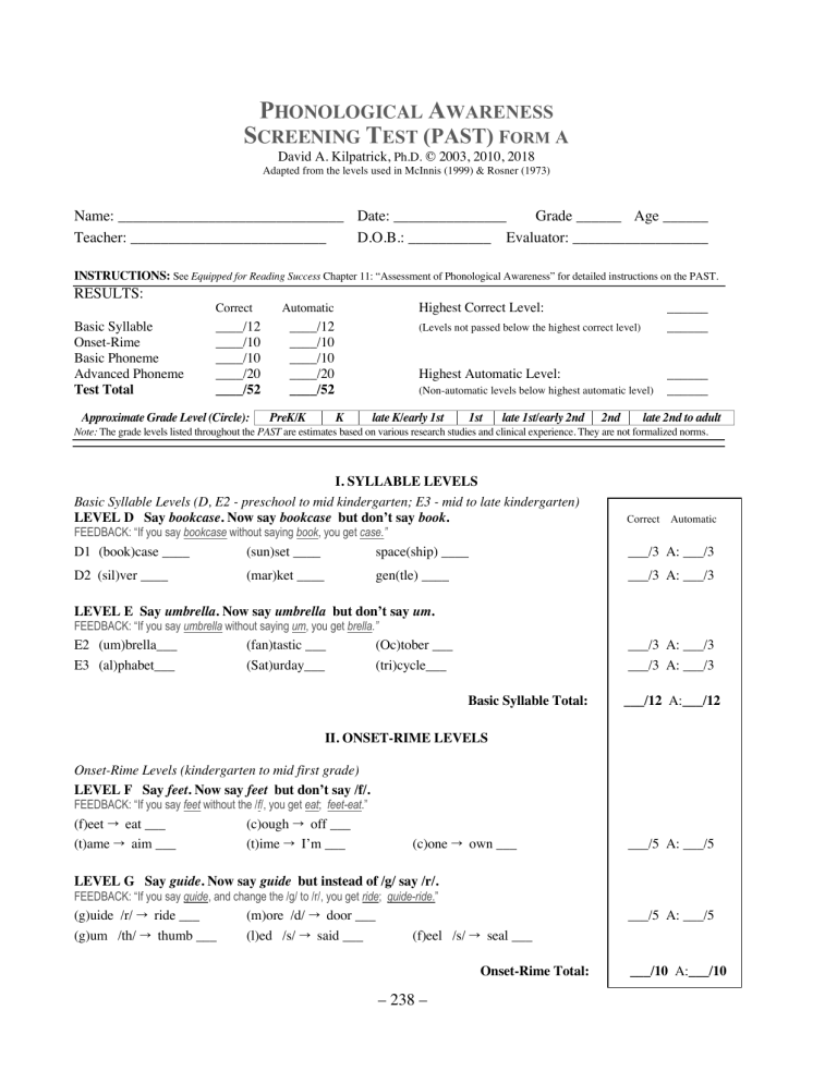 Phonological Awareness Screening Test (PAST) Form A