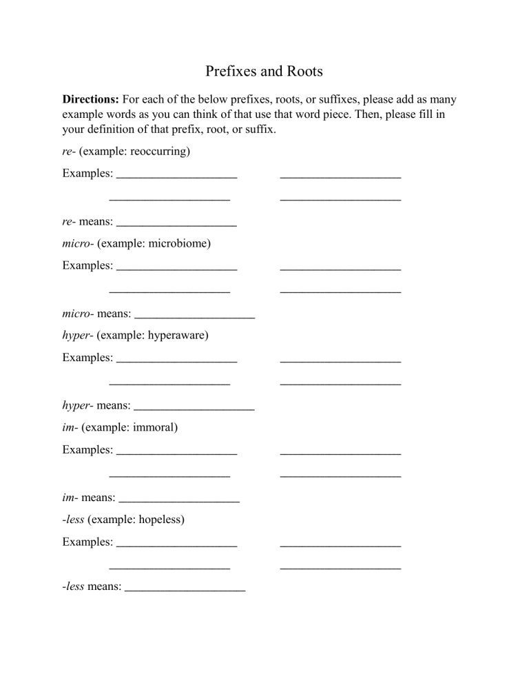 Prefixes and Roots Worksheet