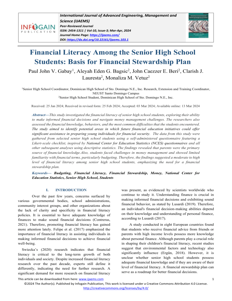 Financial Literacy: Senior High School Stewardship Plan