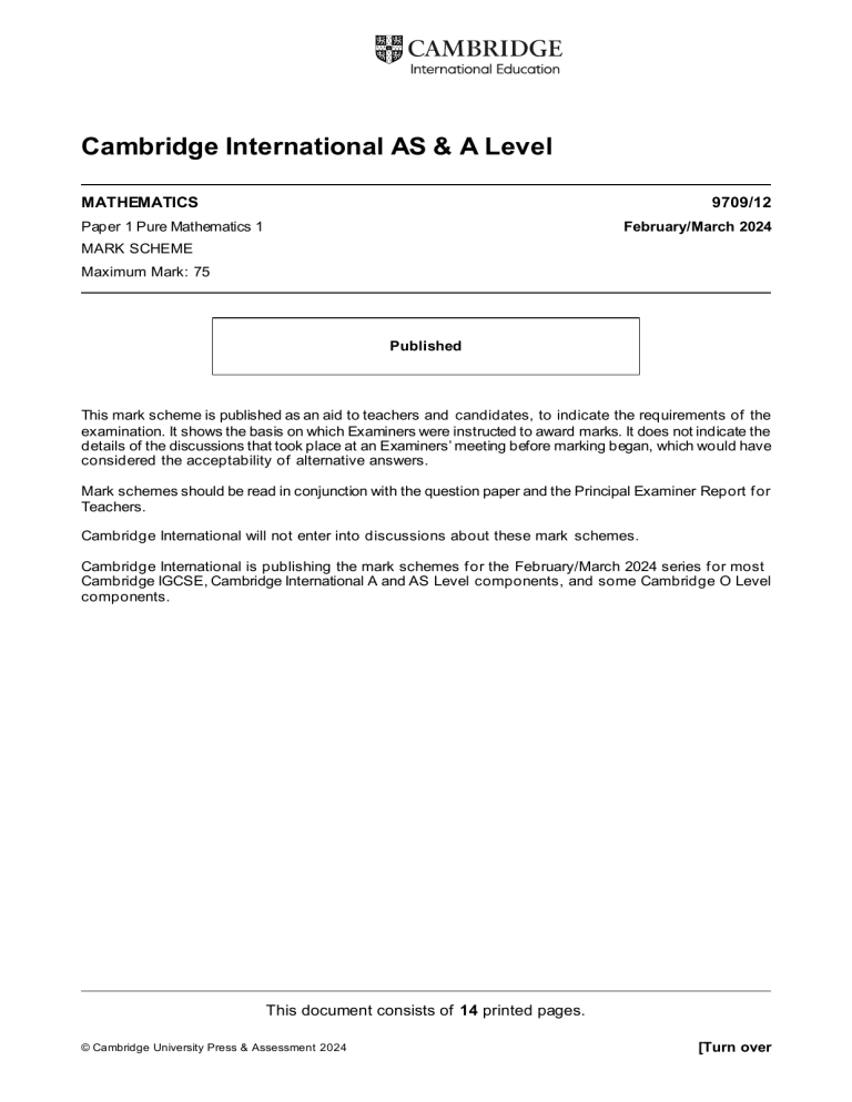 Cambridge A Level Mathematics Mark Scheme (9709/12)