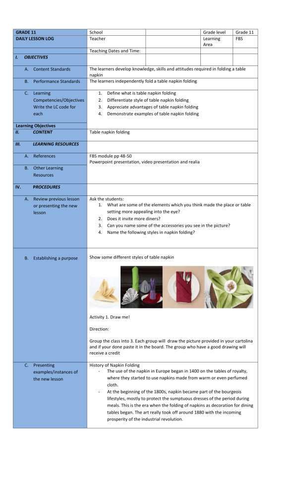 Grade 11 FBS: Table Napkin Folding Lesson Log