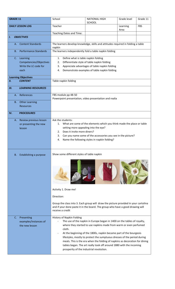 Grade 11 FBS: Table Napkin Folding Lesson Log