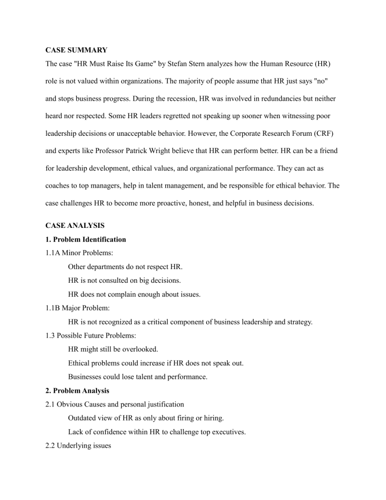 HR Case Study Analysis: Raising HR's Game