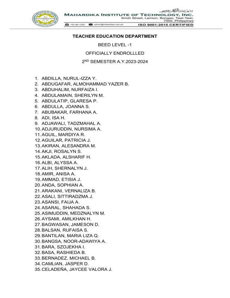 BEED Level-1 Enrollment List, 2nd Sem 2023-2024