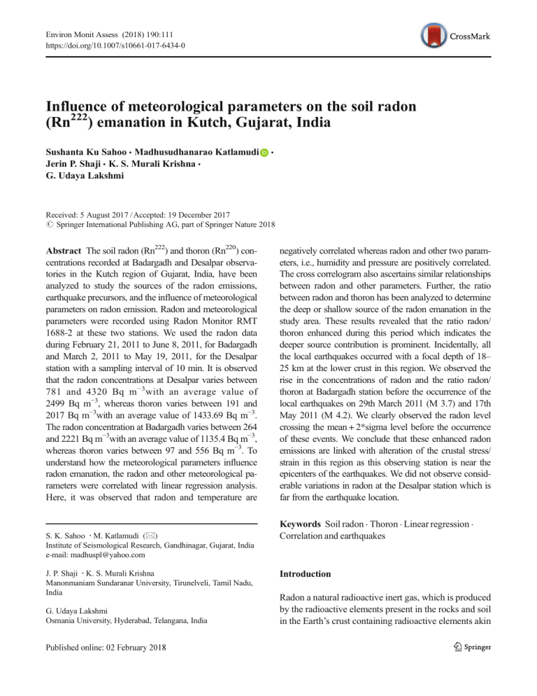 Soil Radon Emanation in Kutch: Meteorological Influence & Earthquakes