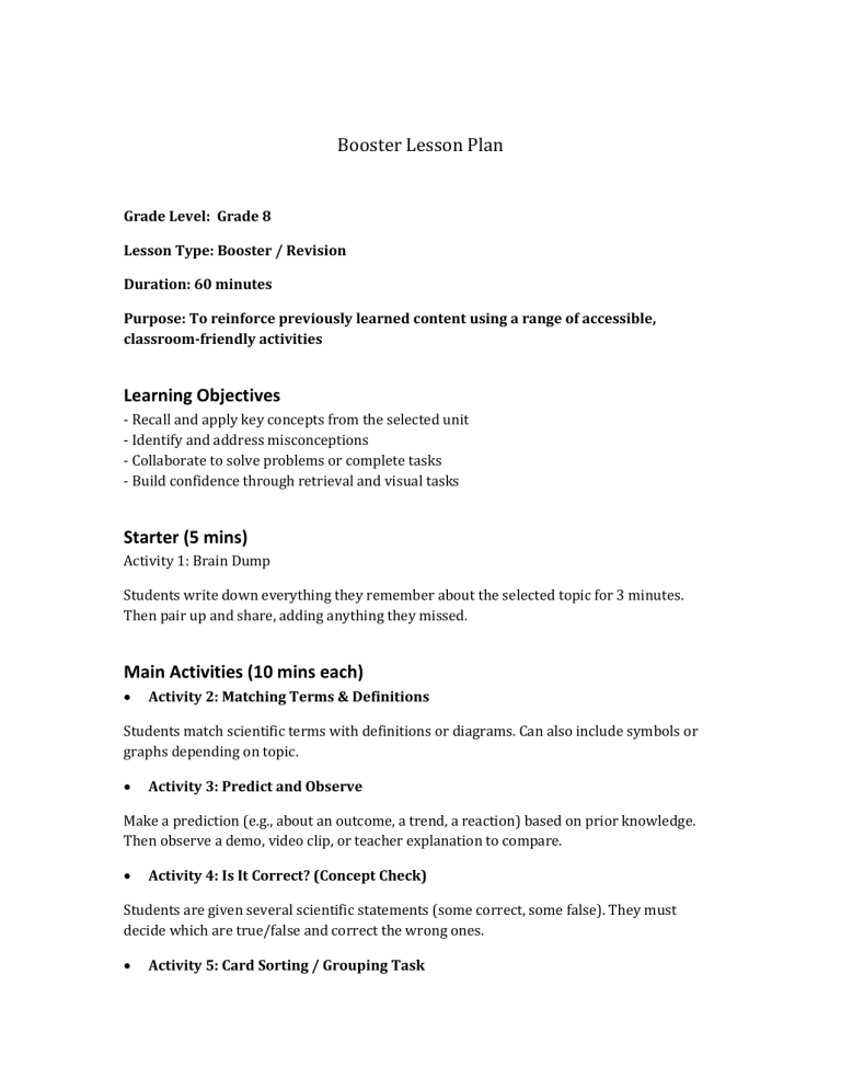 8th Grade Science Booster Lesson Plan