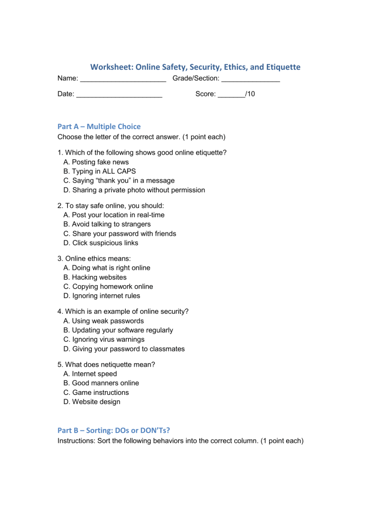 Online Safety, Security, Ethics Worksheet