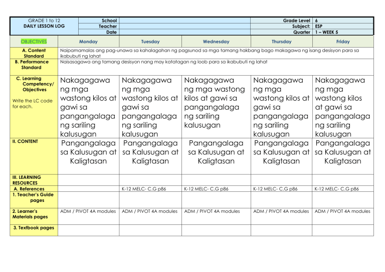 Grade 6 ESP Daily Lesson Log: Health & Safety
