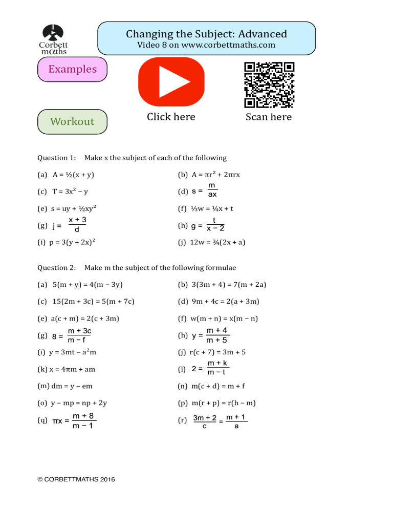 Changing the Subject: Advanced Algebra Worksheet