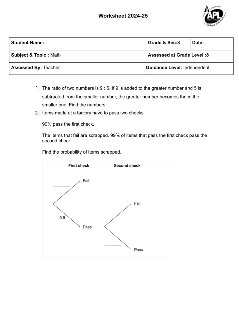 8th Grade Math Worksheet: Ratios, Probability, Equations