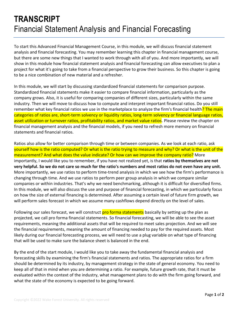 Financial Statement Analysis & Forecasting Transcript