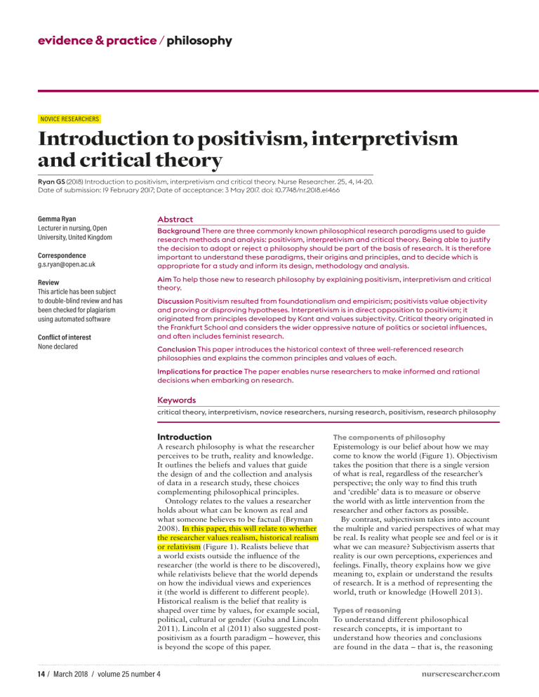 Positivism, Interpretivism, Critical Theory in Nursing Research
