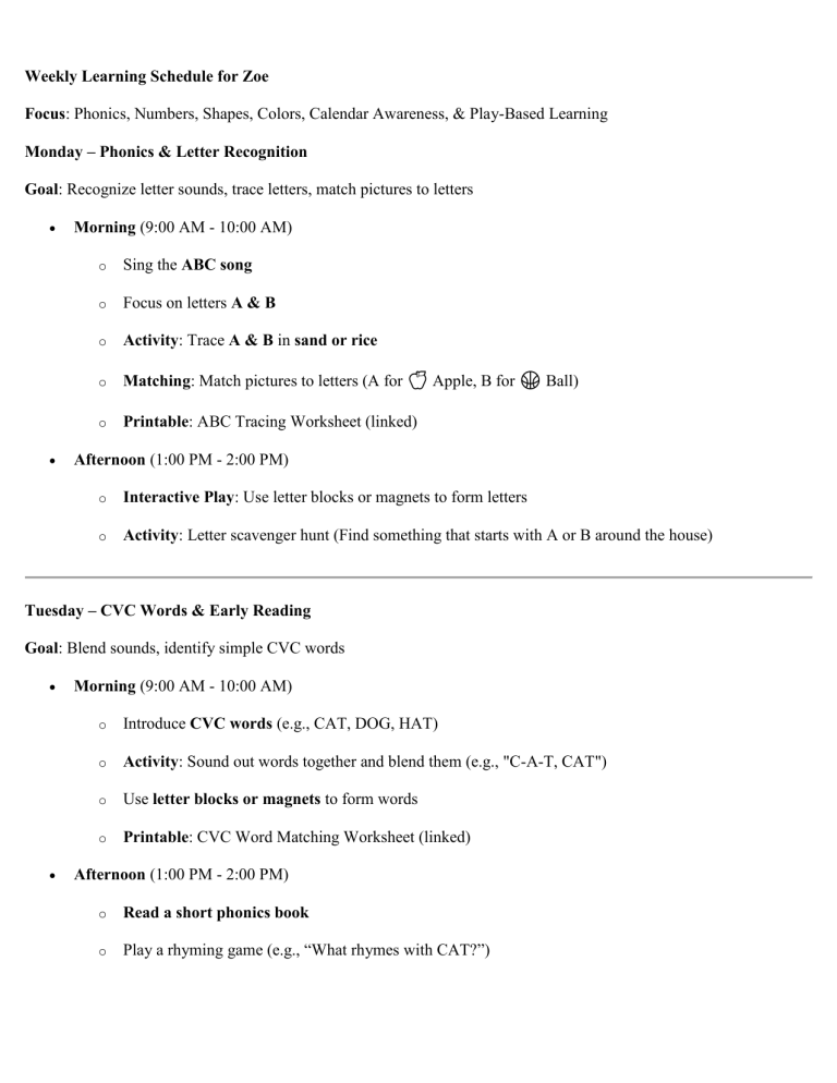 Weekly Learning Schedule: Phonics, Numbers, Shapes