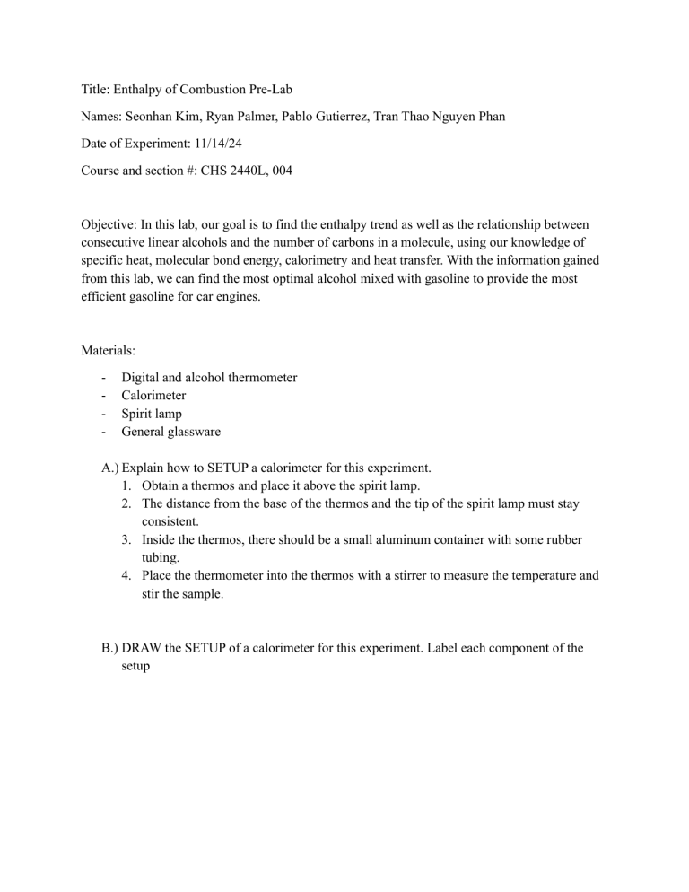 Enthalpy of Combustion Pre-Lab Report