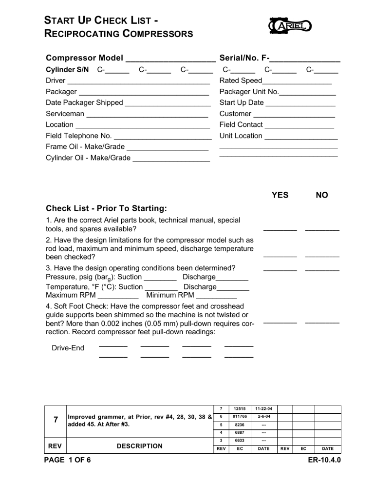 Reciprocating Compressor Start-Up Checklist