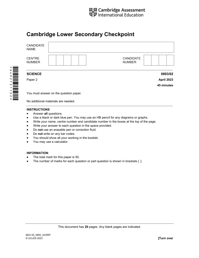 Cambridge Lower Secondary Checkpoint Science Paper 2 Exam 2023
