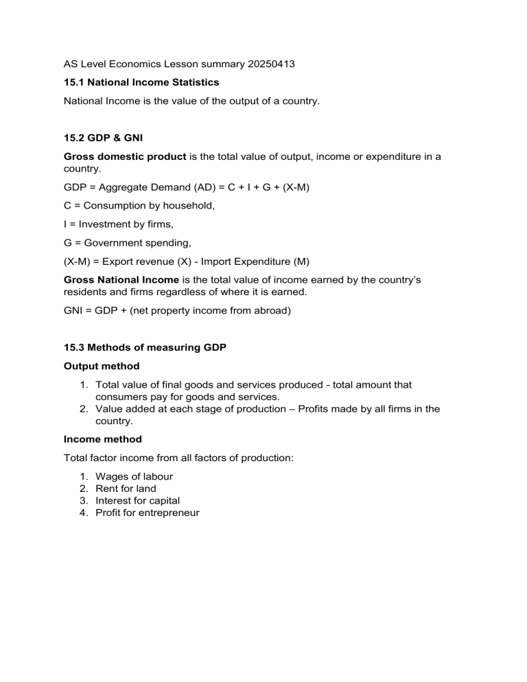 National Income Statistics: GDP, GNI, Circular Flow