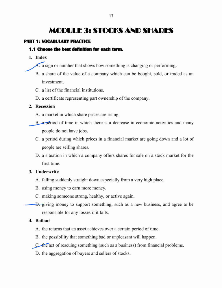 Stocks & Shares Vocabulary Practice: Key Terms Defined
