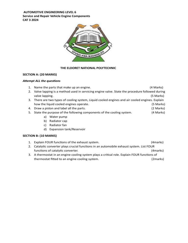 Automotive Engineering Exam: Engine Components Service & Repair