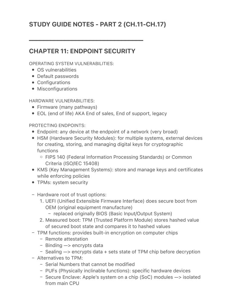 Endpoint & Network Security Study Guide (Ch. 11-17)