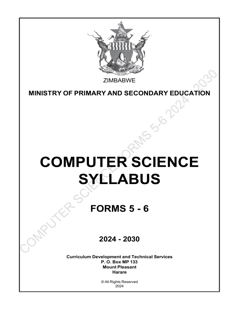 Zimbabwe Computer Science Syllabus Forms 5-6 (2024-2030)