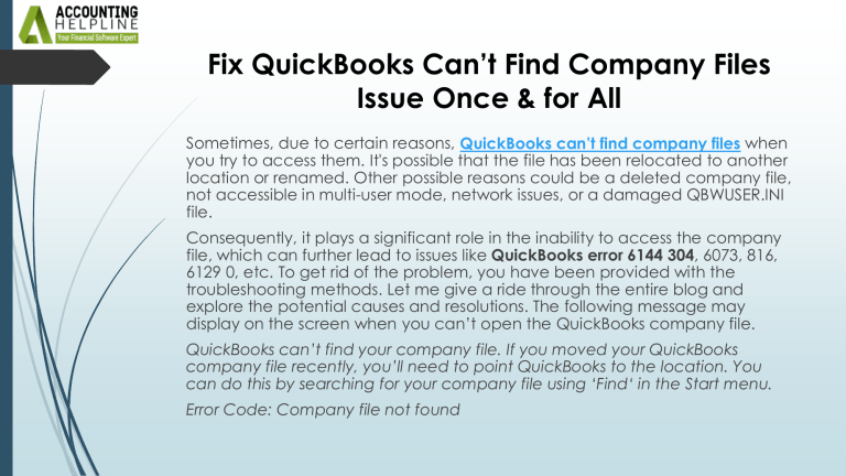 Fix QuickBooks Can't Find Company Files Error