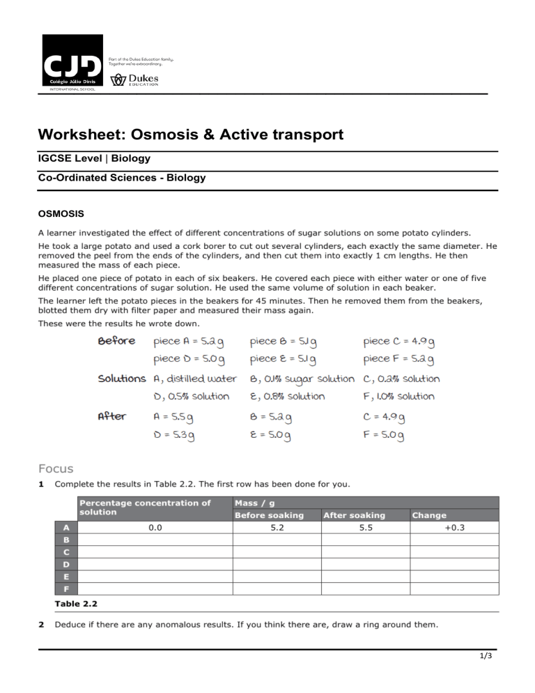 Osmosis & Active Transport Worksheet - IGCSE Biology