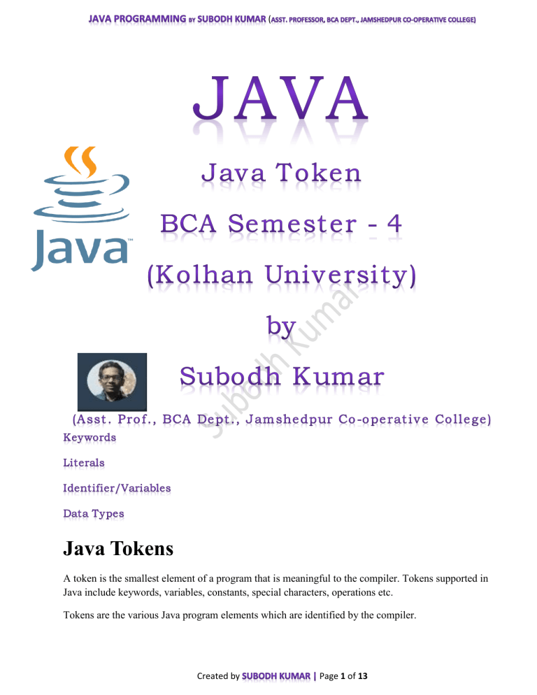 Java Tokens: Keywords, Literals, Variables & Data Types