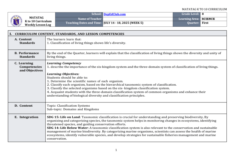 Grade 8 Science: Classification Systems Lesson Log