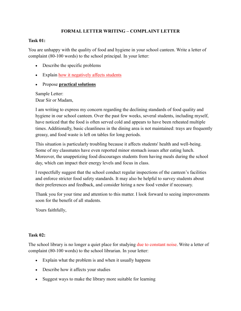 Complaint Letter Writing: School Issues Worksheet