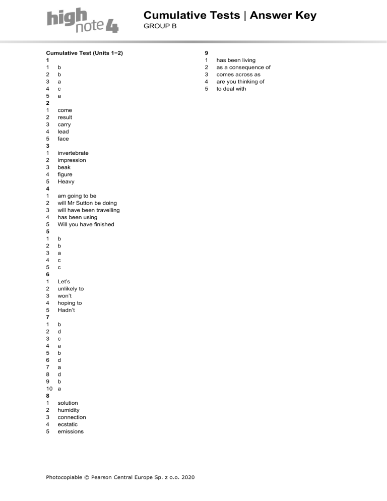 Cumulative Tests Answer Key (Units 1-2)