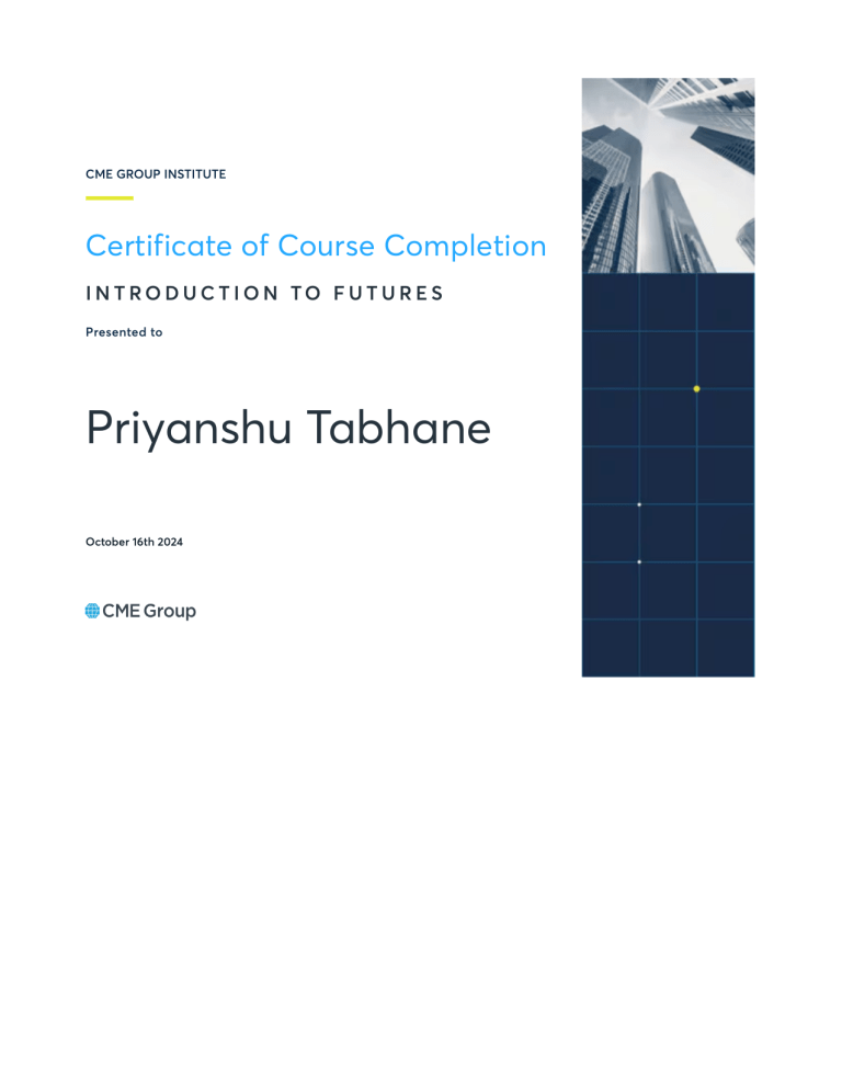 CME Group Futures Course Completion Certificate