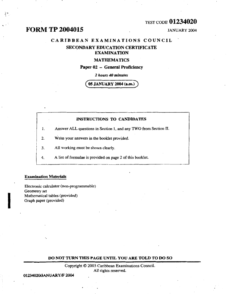 Mathematics Exam Paper - Caribbean Examinations Council
