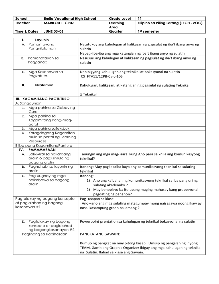 Filipino Technical Writing Lesson Plan (Grade 11)
