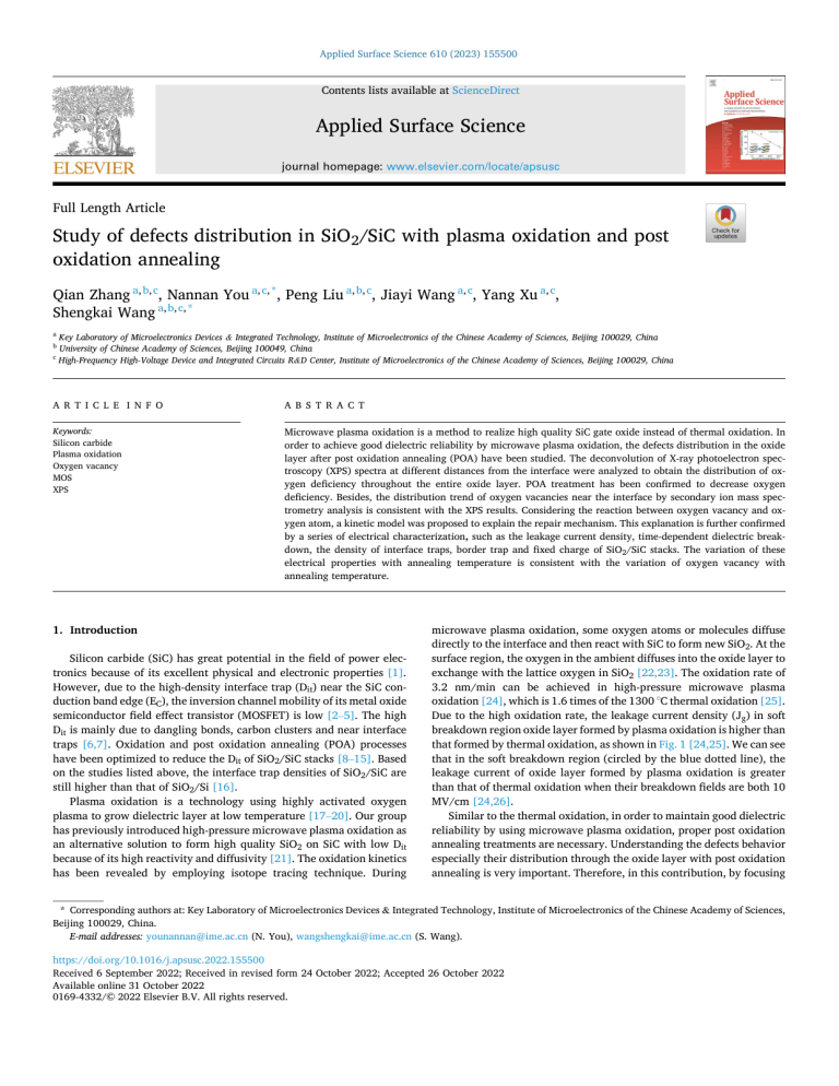 Defects in SiO2/SiC with Plasma Oxidation: A Study
