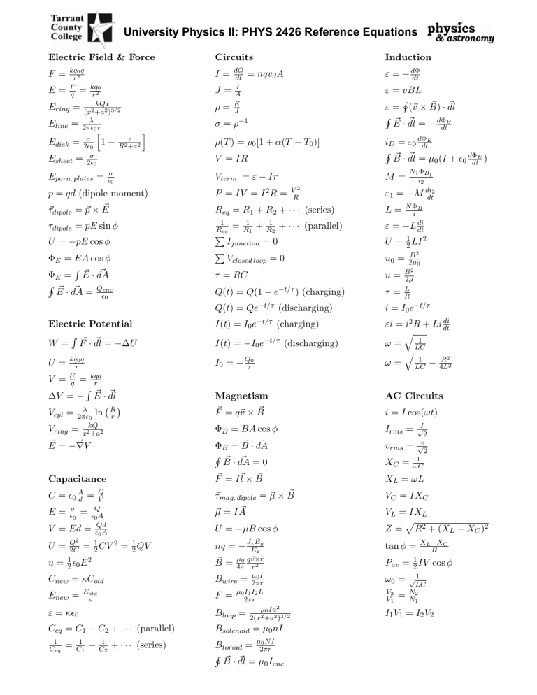 University Physics II Equations: Reference Sheet