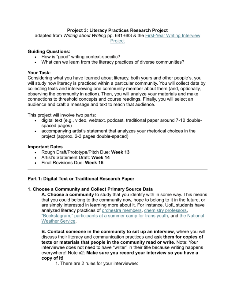 Literacy Practices Research Project Assignment
