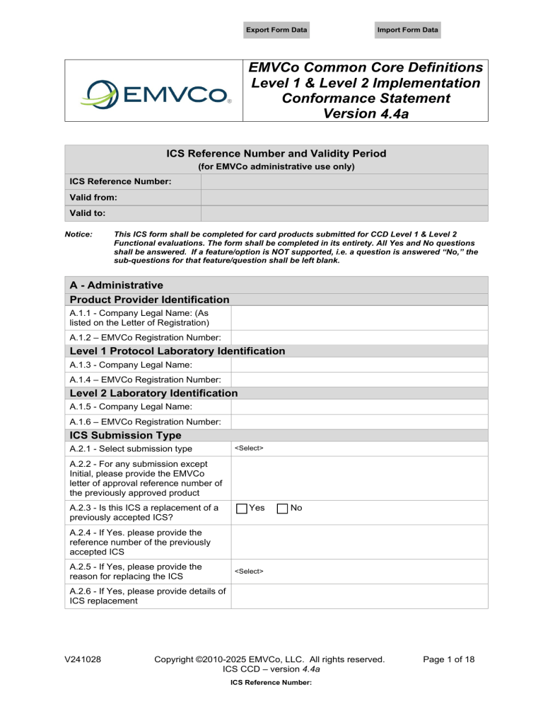 EMVCo CCD Level 1 & 2 Implementation Conformance Statement