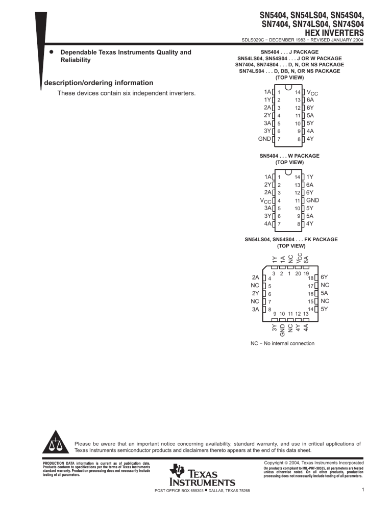 SN54/7404 Hex Inverters Datasheet | TI